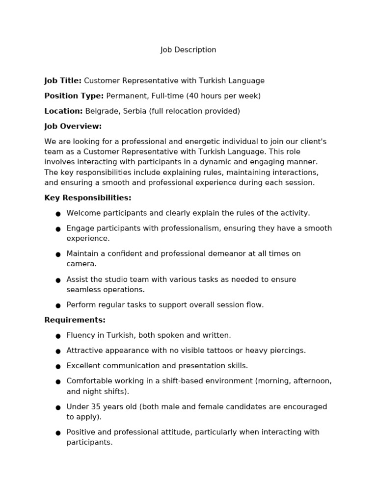 Game Presenter With Turkish Language Job Description | PDF | Employment ...