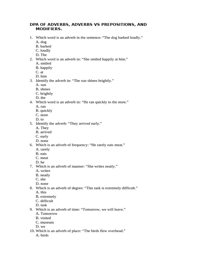 Dpatest of Adverbs, Adverbs Vs Prepositions, and Modifiers. | PDF ...