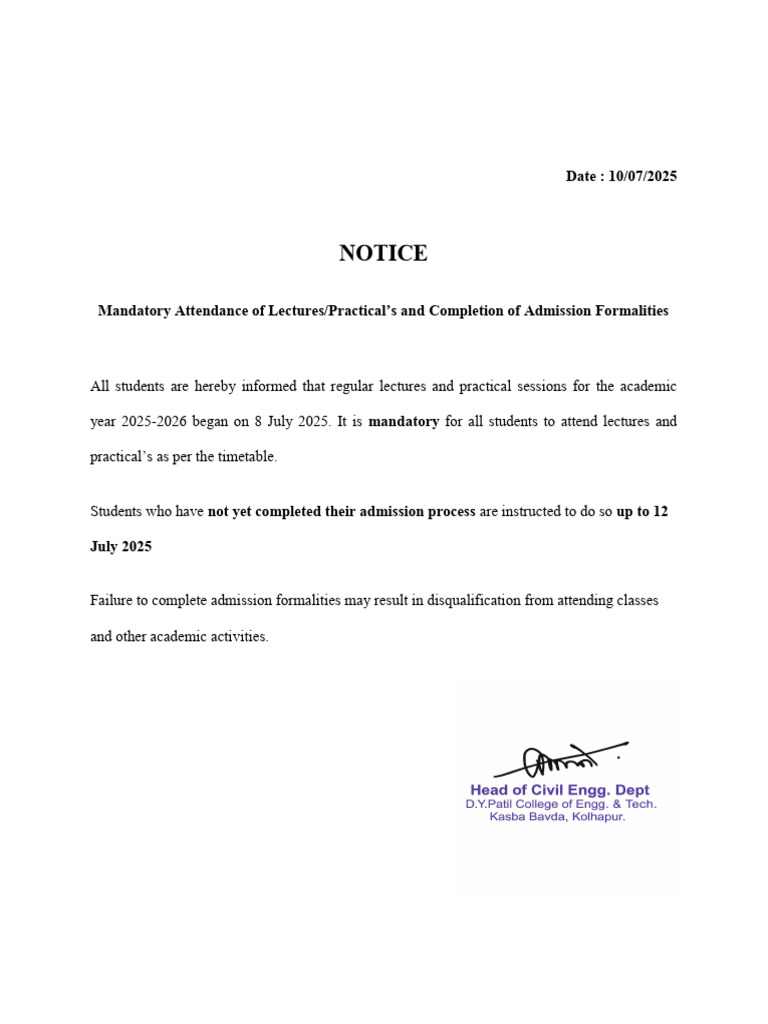 Mandatory Attendance and Admission Notice | PDF