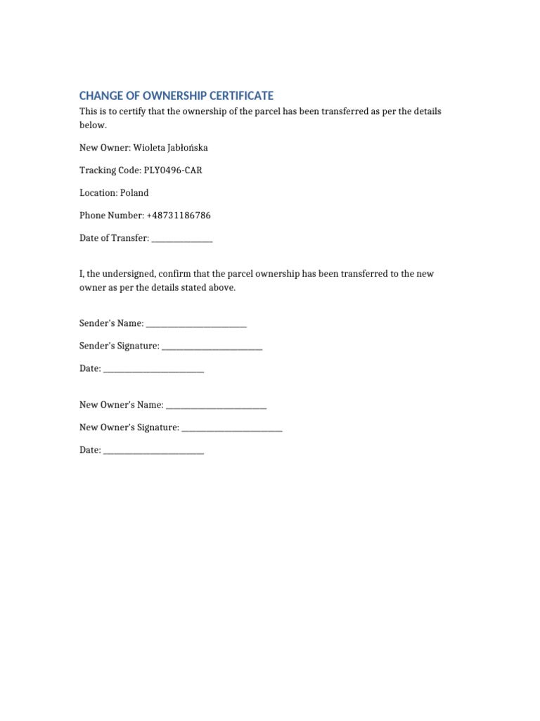 Change of Ownership Certificate | PDF