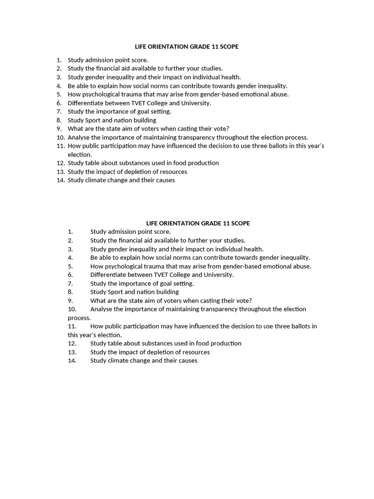 Life Orientation Grade 11 Scope | PDF
