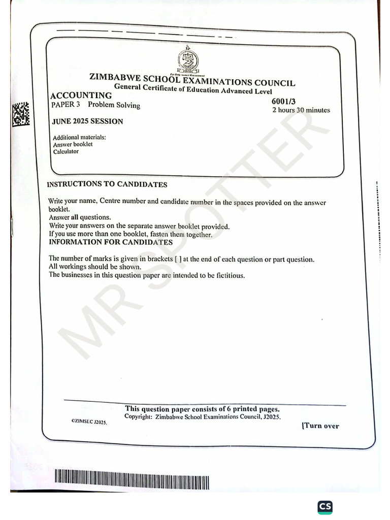 Zimsec A'level Acc J2025 P3 | PDF