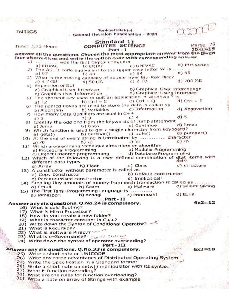 11th Computer Science EM 2nd Revision Exam 2024 Question Paper With ...