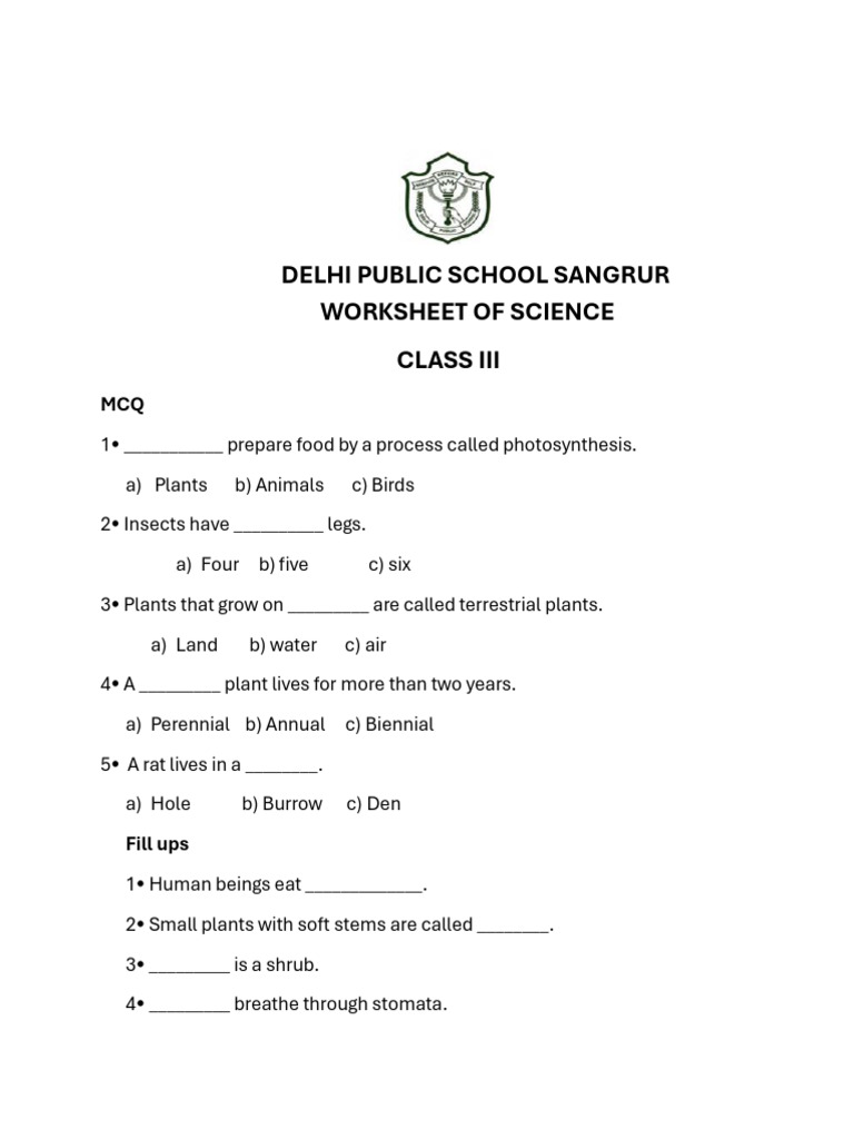 Science Worksheet for Class III Students | PDF