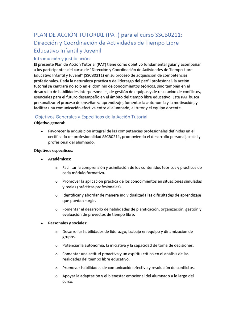 Plan De Acción Tutorial Cert Docencia Pdf Evaluación Aprendizaje