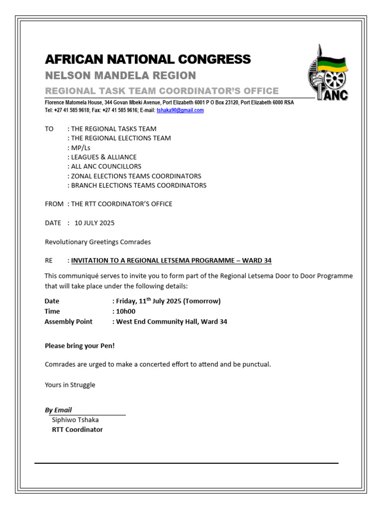 Ward 34 Letsema Programme - 11 July 2025 | PDF