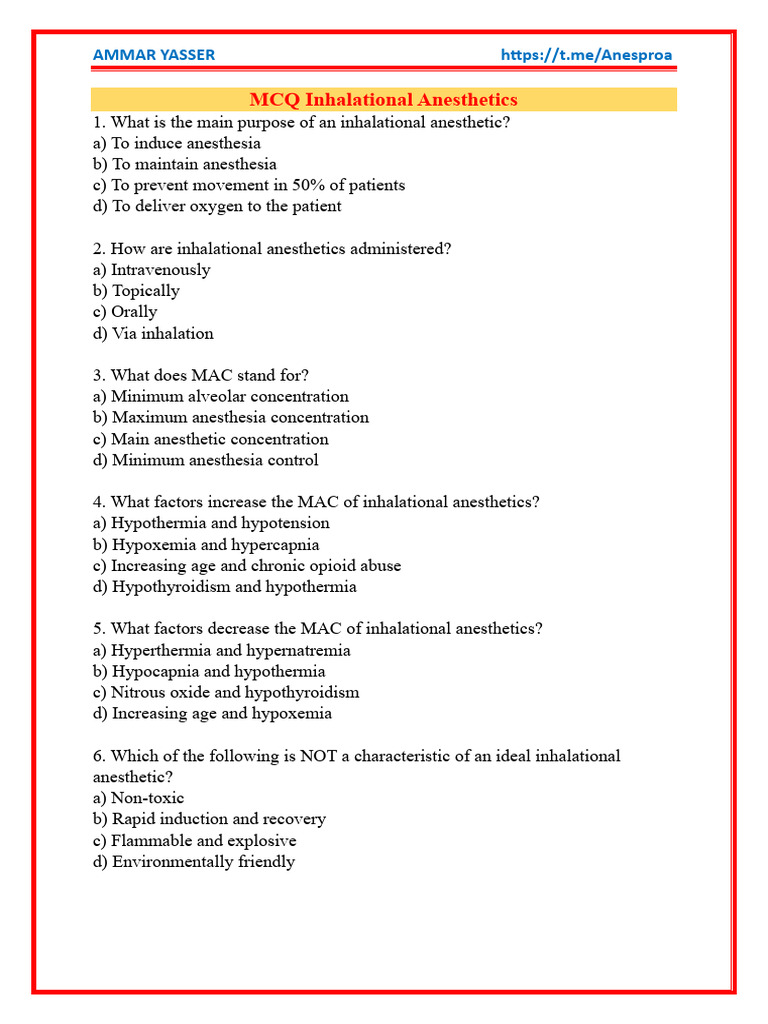 MCQ Inhalational Anesthetics | PDF | Anesthesia