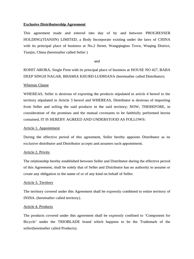 Exclusive Distributorship Aggreement | PDF | Letter Of Credit | Trademark