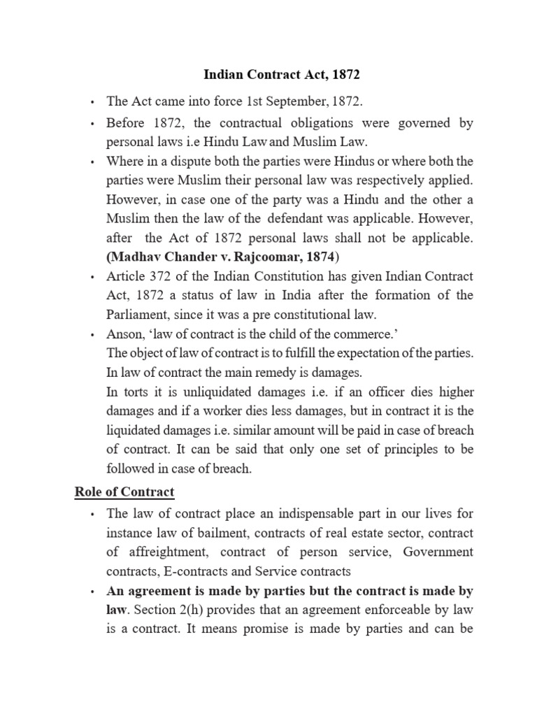 Overview of the Indian Contract Act, 1872 | PDF | Consideration | Damages