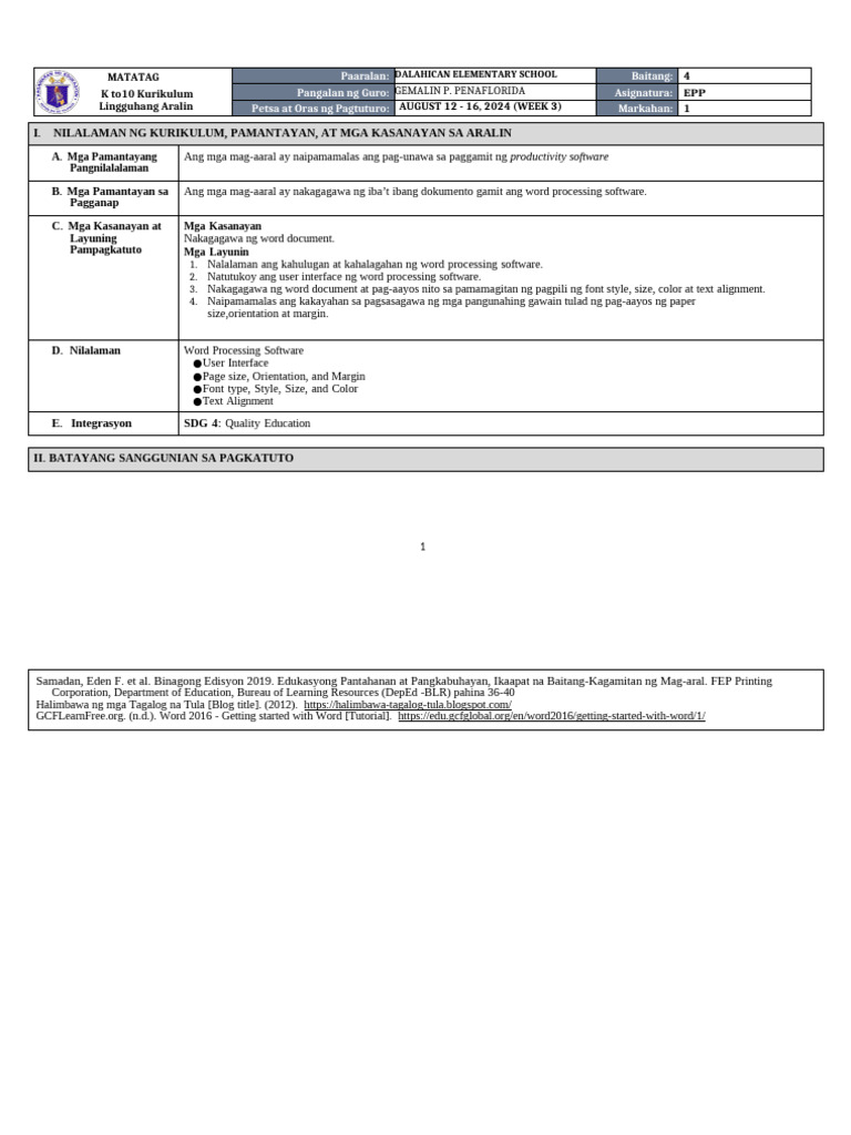 DLL Matatag - Epp 4 q1 w3 | PDF