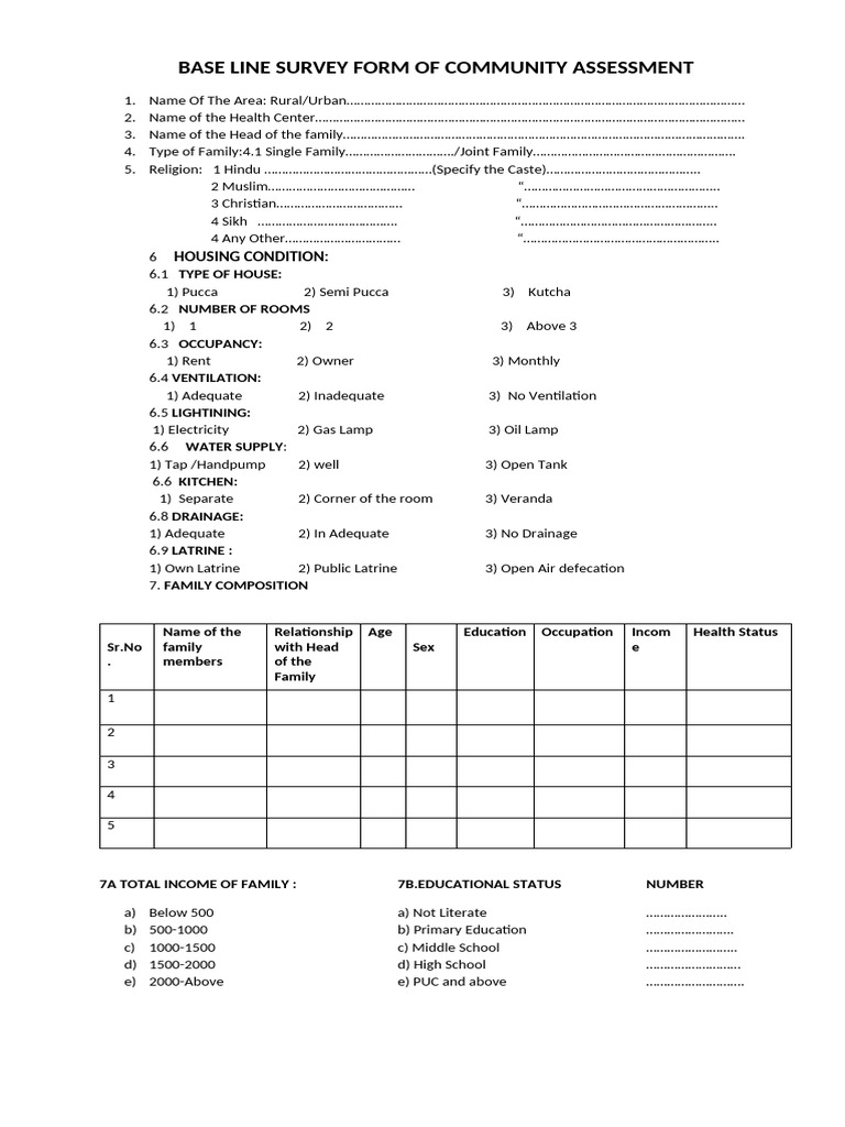 Base Line Survey Form of Community Assessment: Housing Condition | PDF