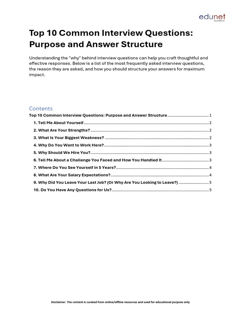 Top 10 Common Interview Questions | PDF | Behavioural Sciences ...