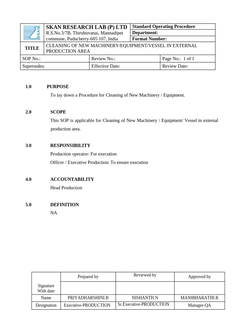 SOP for Cleaning Production Equipment | PDF | Materials