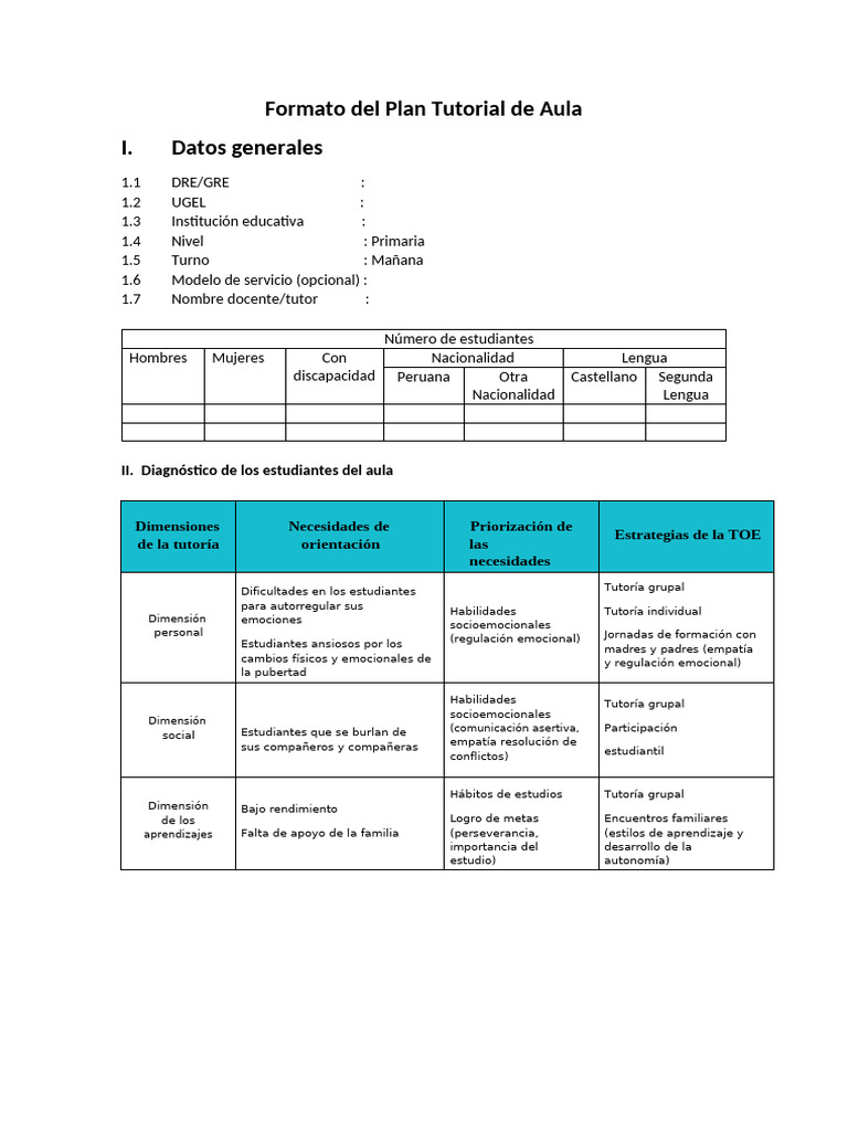 Copia de Formato Del Plan Tutorial de Aula | PDF | Las emociones ...