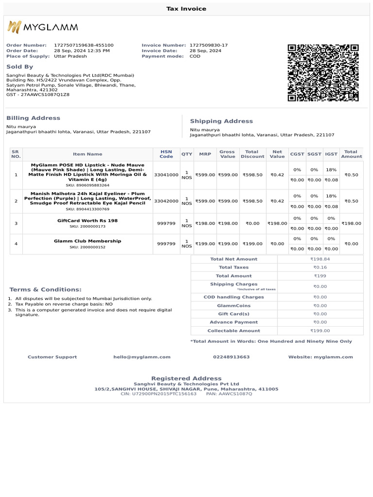 Tax Invoice for MyGlamm Order 172750 | PDF | Government Finances | Taxes