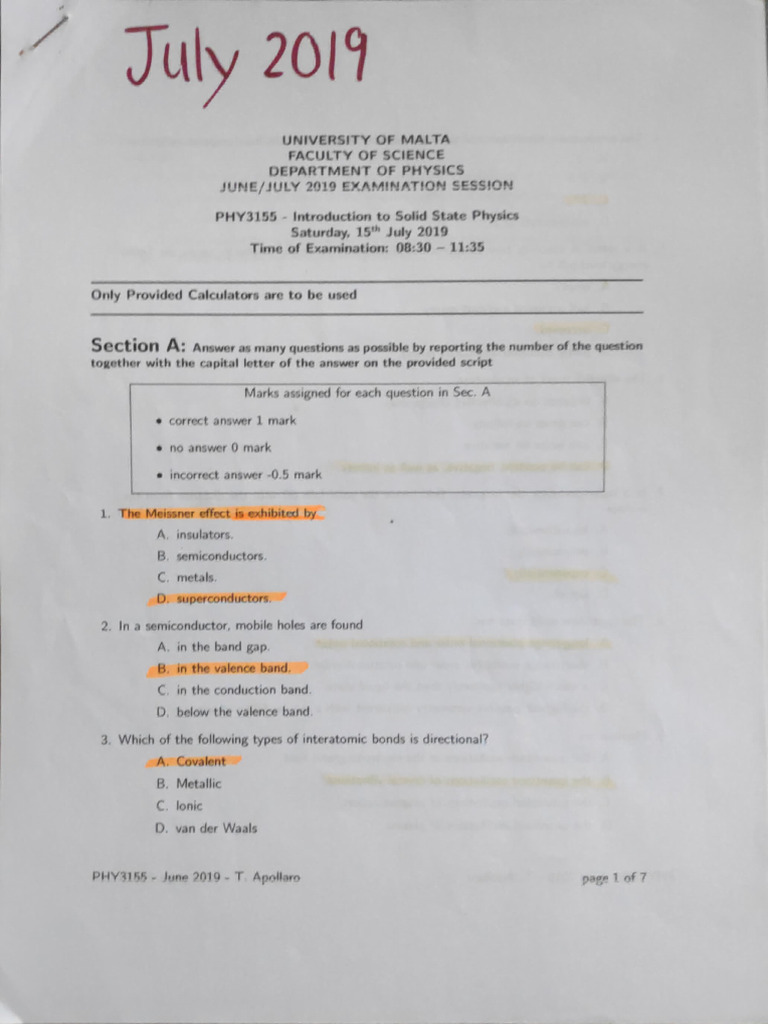 Solid State Physics Exam Questions | PDF | Valence And Conduction Bands ...