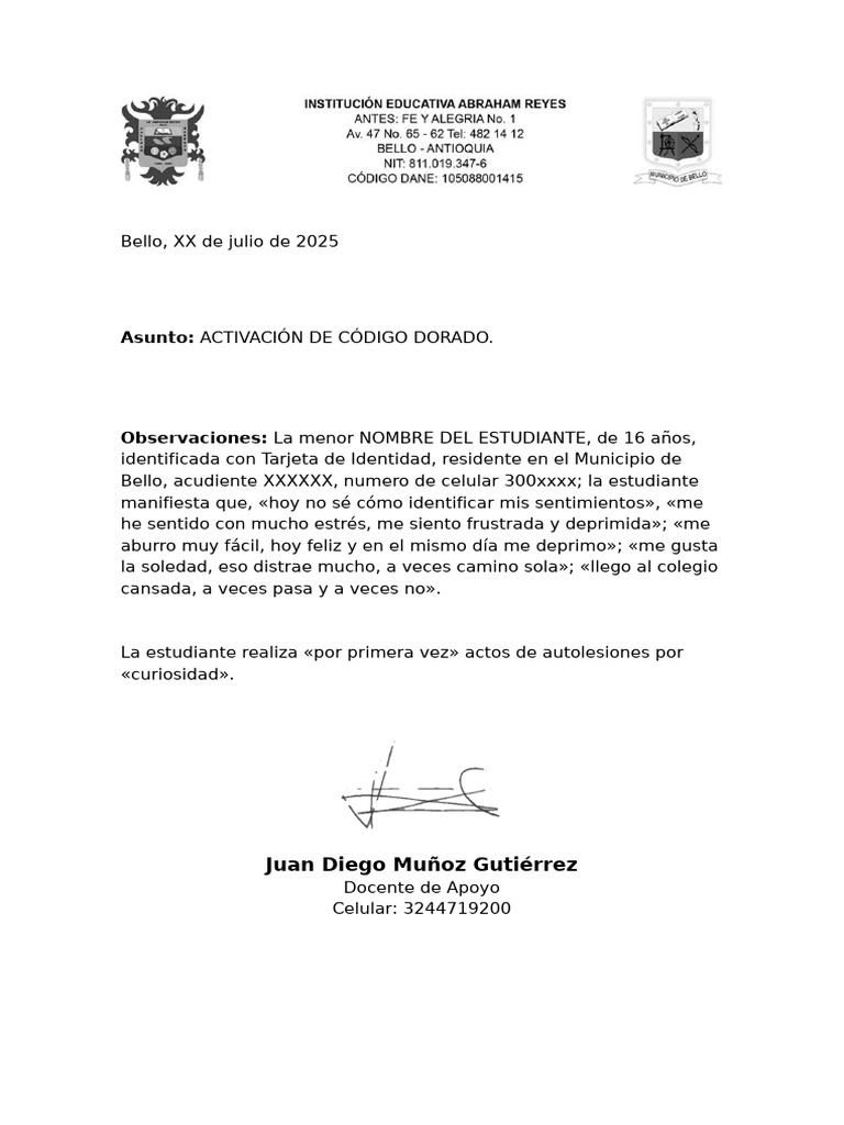 Activación del Código Dorado en Bello | PDF