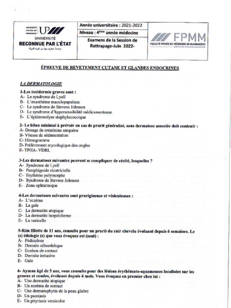 Dermato Endocrino 2021 2022 Rattrapage | PDF