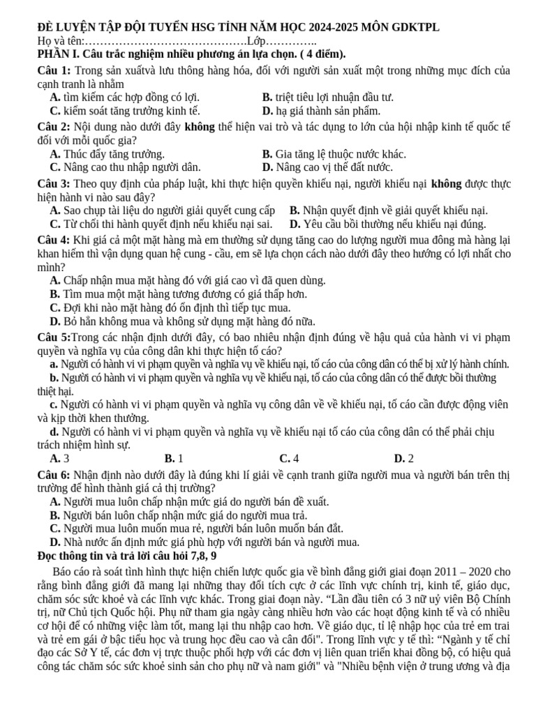 Đề luyện tập đội tuyển HSG 2024-2025 GDKT PL 12 | PDF