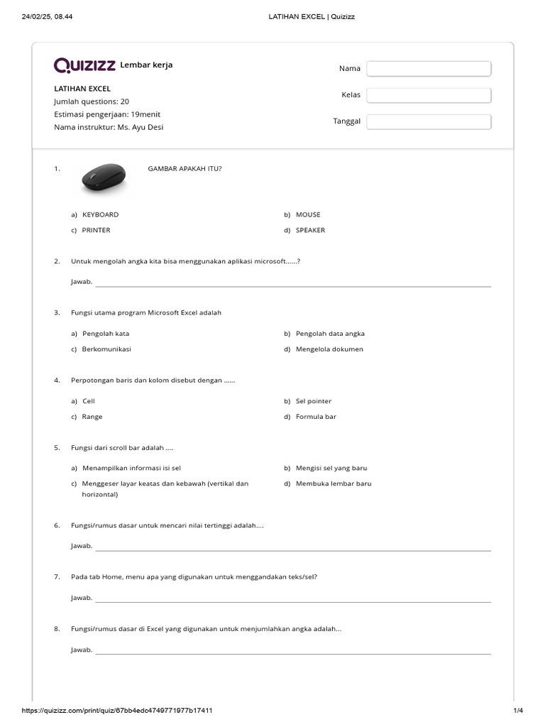 Latihan Excel _ Quizizz New | PDF