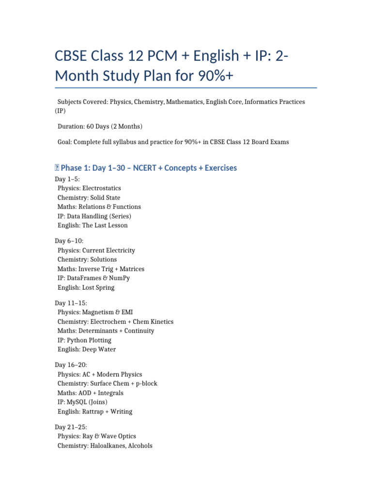 2-Month CBSE Class 12 Study Plan | PDF