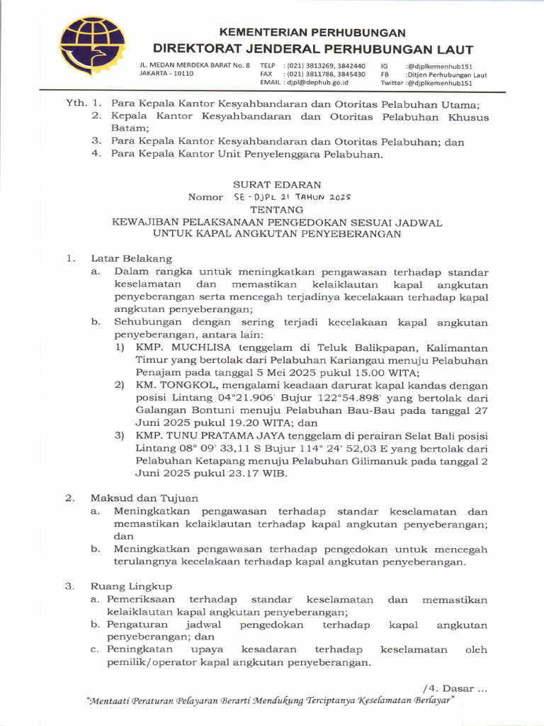 SE DJPL 21 TAHUN 2025 Tentang Kewajiban Kapal Tetkait Pengedokan Kapal ...