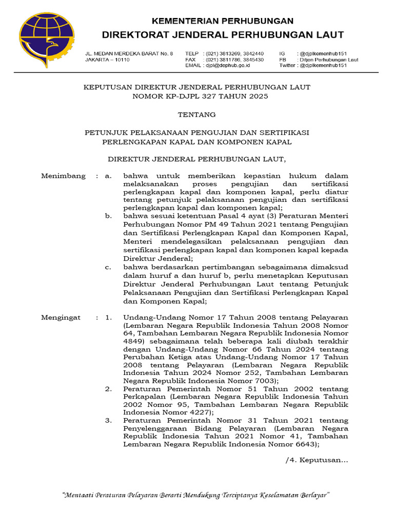 KP-DJPL 327 TAHUN 2025 Tentang Petunjuk Pelaksanaan Pengujian Dan ...