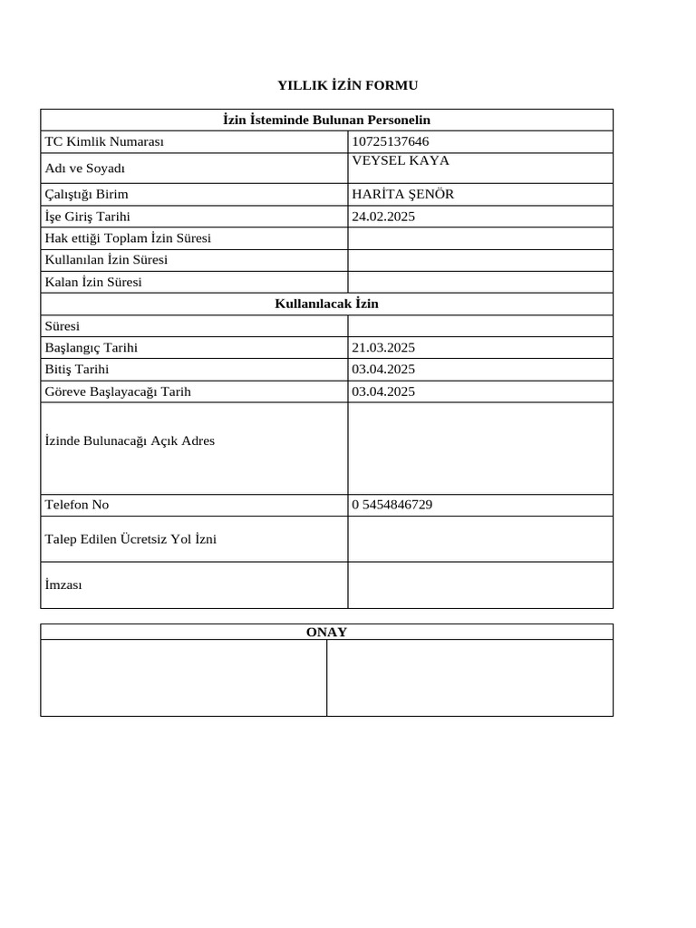 Hizmetli Personel Yillik Izin Formu (Metin Tursun) | PDF