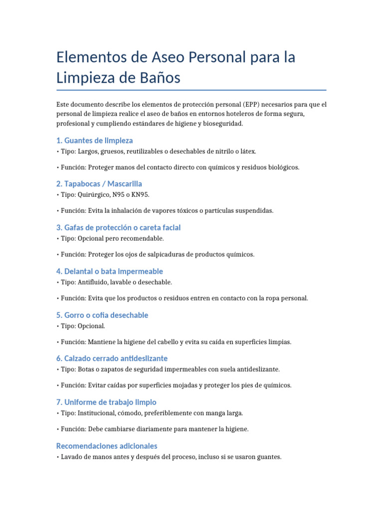 Elementos Aseo Personal Limpieza Banos | PDF