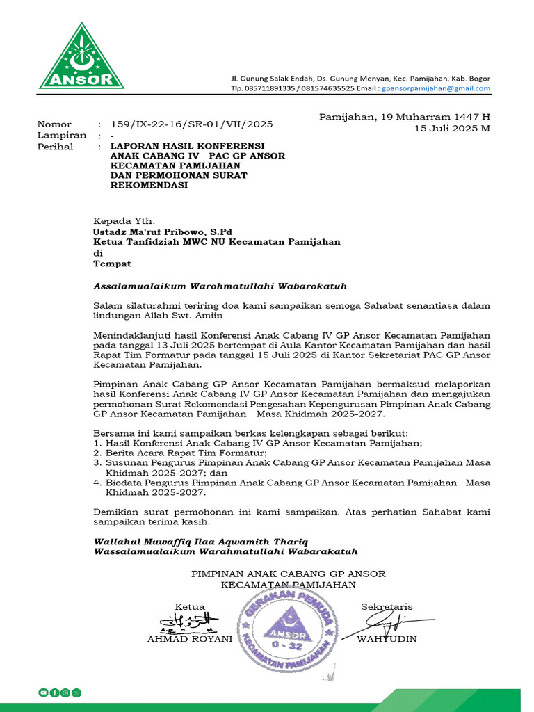 Surat Permohonan Rekomendasi SK PAC Kepada MWC | PDF