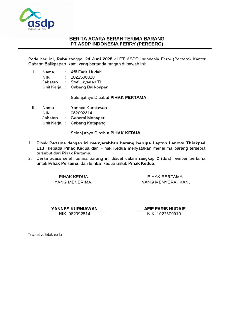 Form 01. Berita Acara Serah Terima-1 | PDF