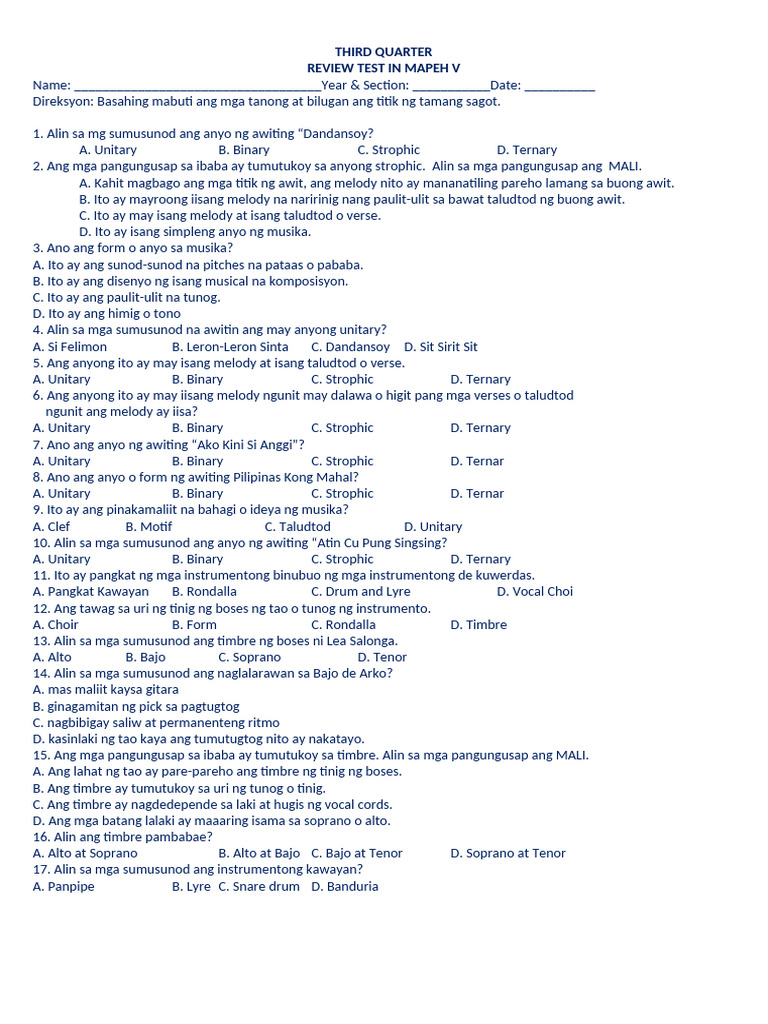 Review Test in MAPEH | PDF