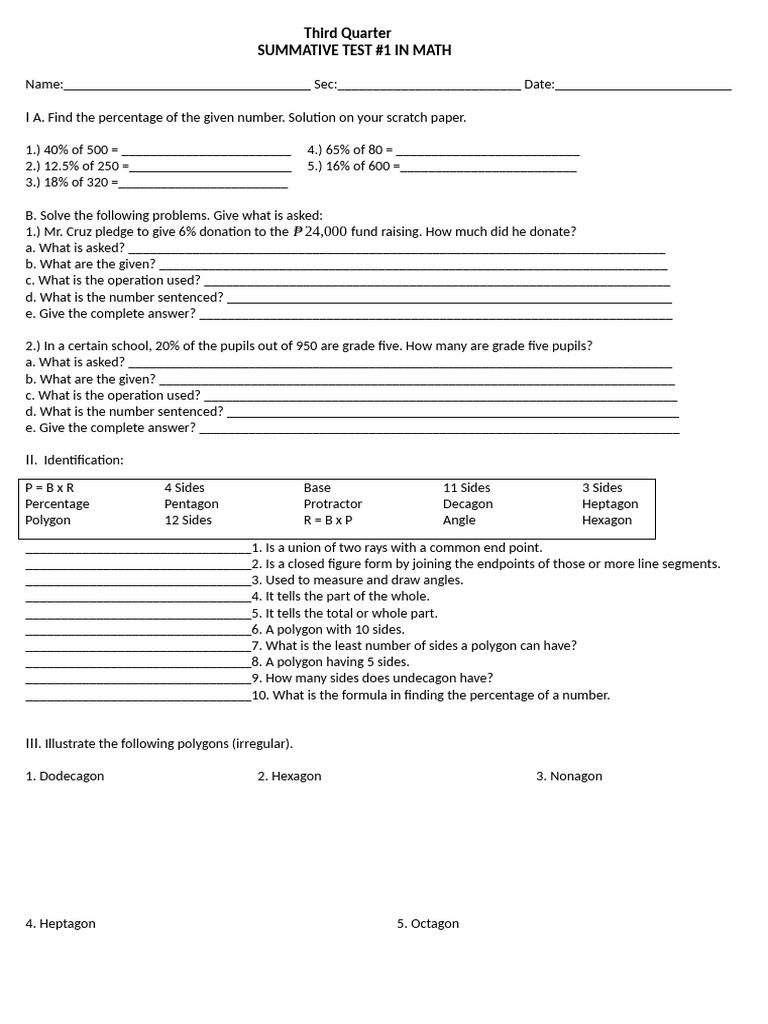 Math Summative Test: Percentages & Polygons | PDF | Polygon | Euclidean ...