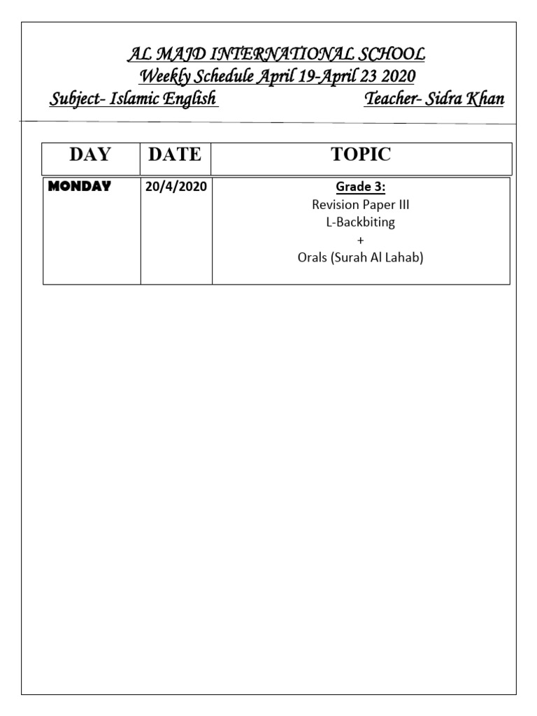 Weekly Schedule Islamic G3 | PDF