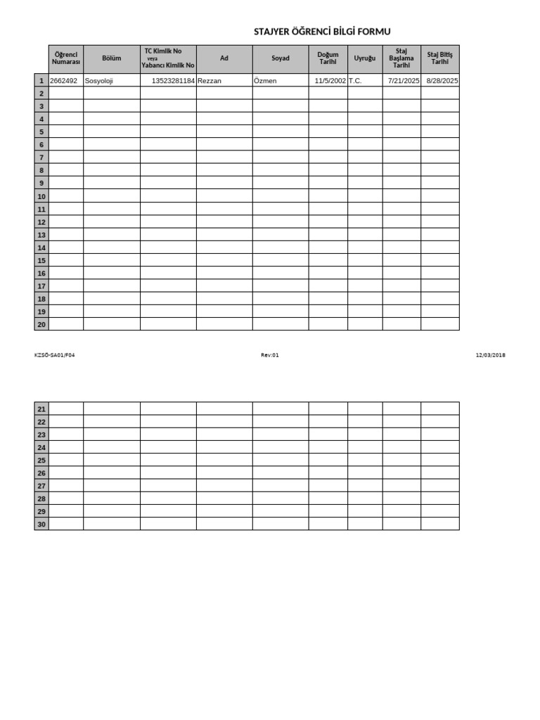 Staj Bilgi Formu | PDF