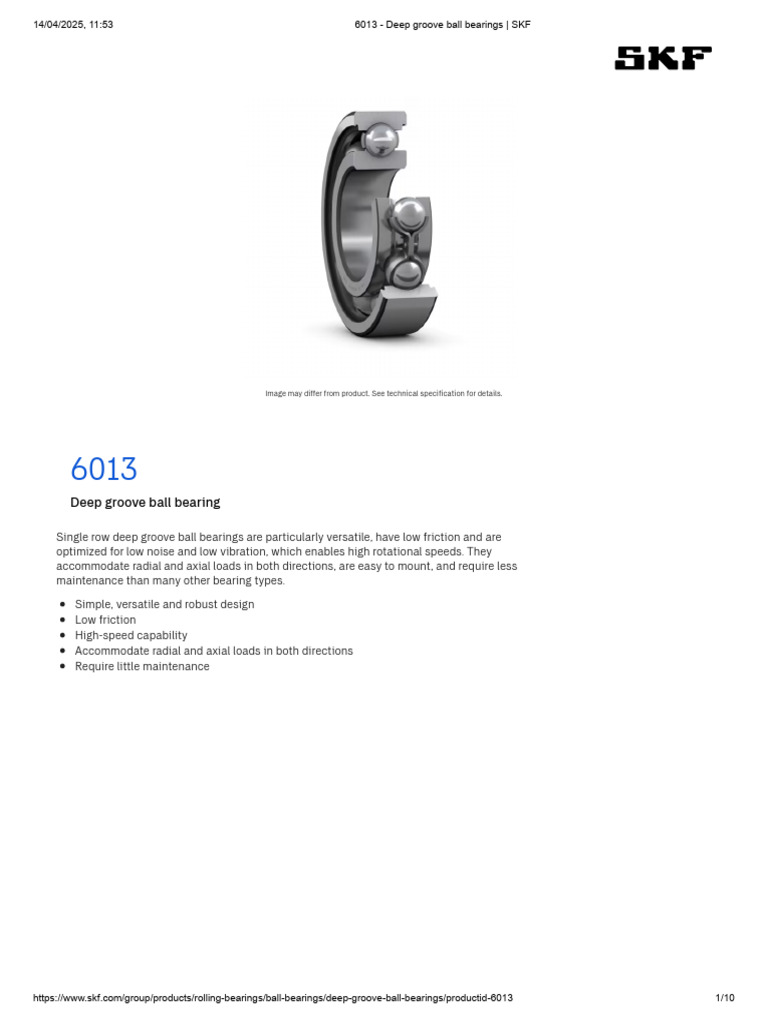 SKF 6013 Deep Groove Ball Bearing Specs | PDF | Bearing (Mechanical ...
