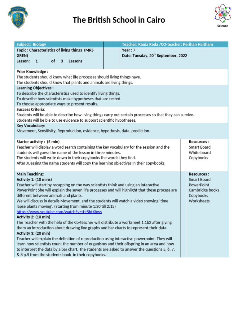 Living Things and Mrs. GREN Lesson (Week 1) (2023) | PDF | Hypothesis ...