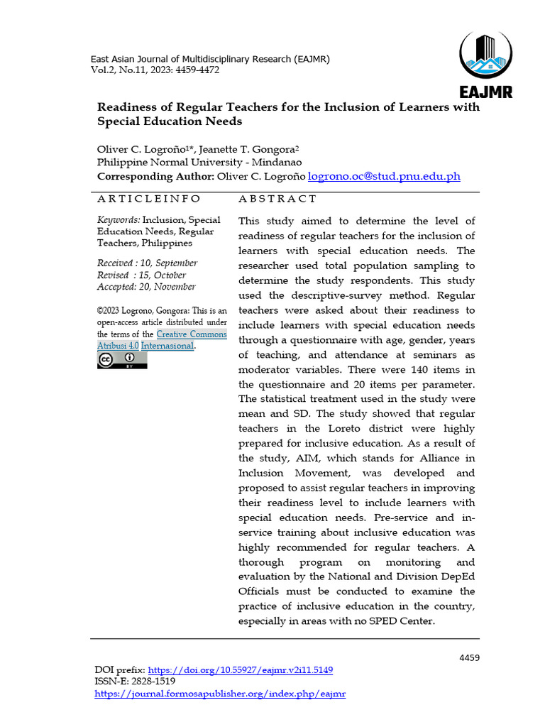 Readiness of Regular Teachers For The Inclusion of Learners With Special Education Needs | PDF ...
