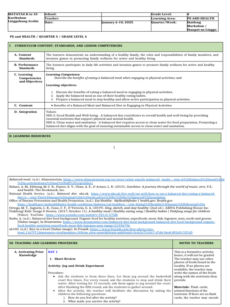 PE and Health Curriculum for Grade 4 | PDF | Healthy Diet | Diet ...