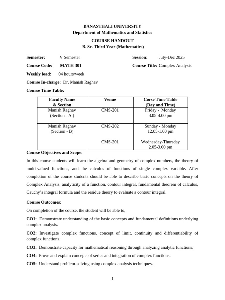 Complex Analysis - BSC V Sem - MATH 301 | PDF | Complex Analysis | Mathematical Analysis