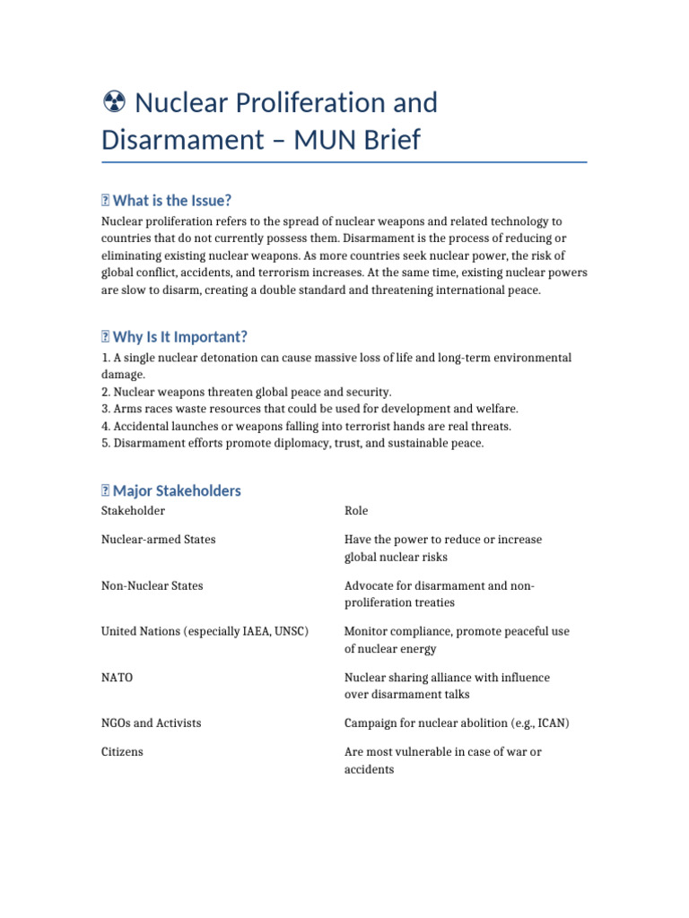 Nuclear Proliferation & Disarmament MUN Guide | PDF | Nuclear Weapons ...