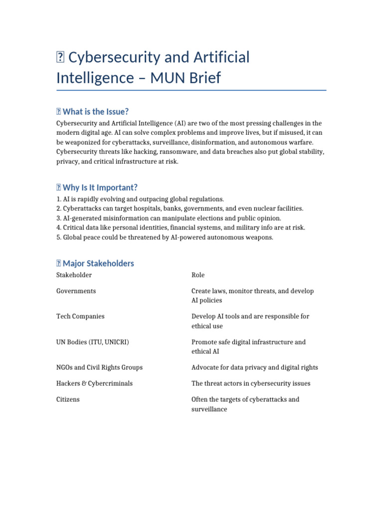 Cybersecurity and AI MUN Brief | PDF | Computer Security | Security