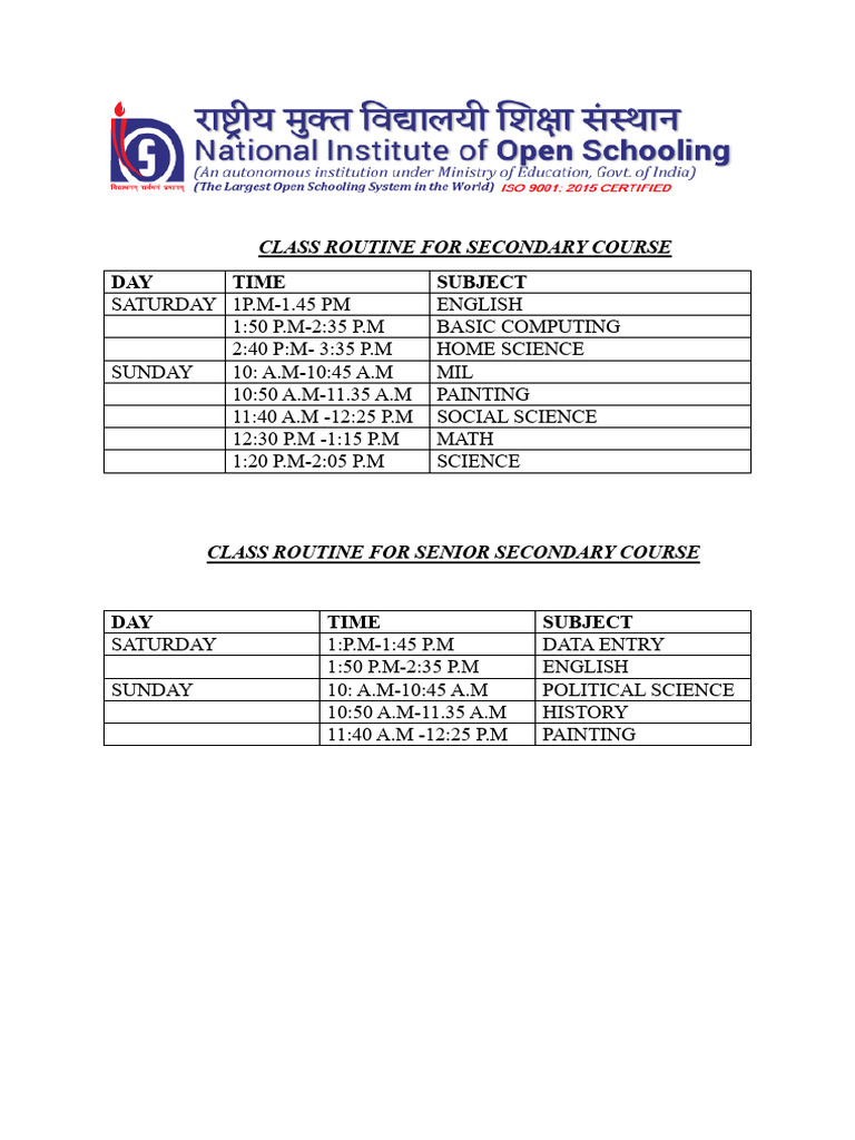 X and Xii Class Routine | PDF