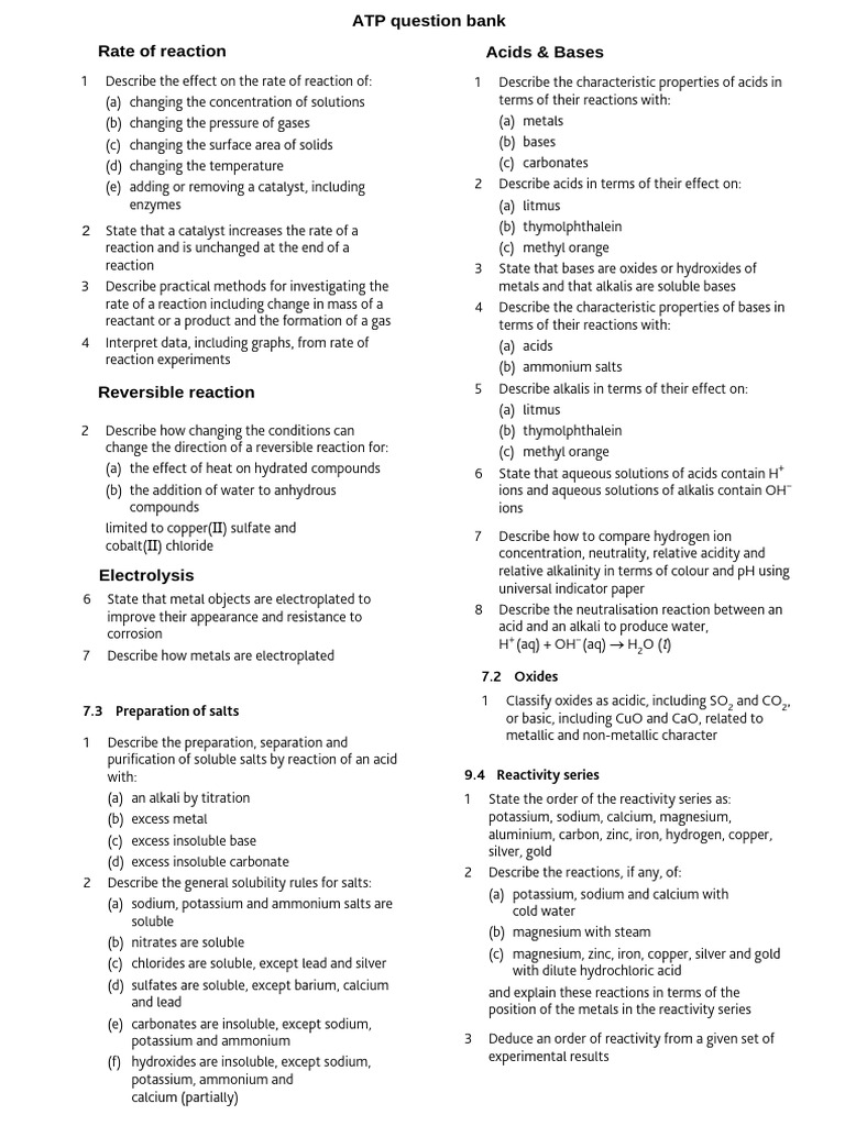 IGCSE Chemistry ATP Questiosns | PDF | Chemical Reactions | Salt ...