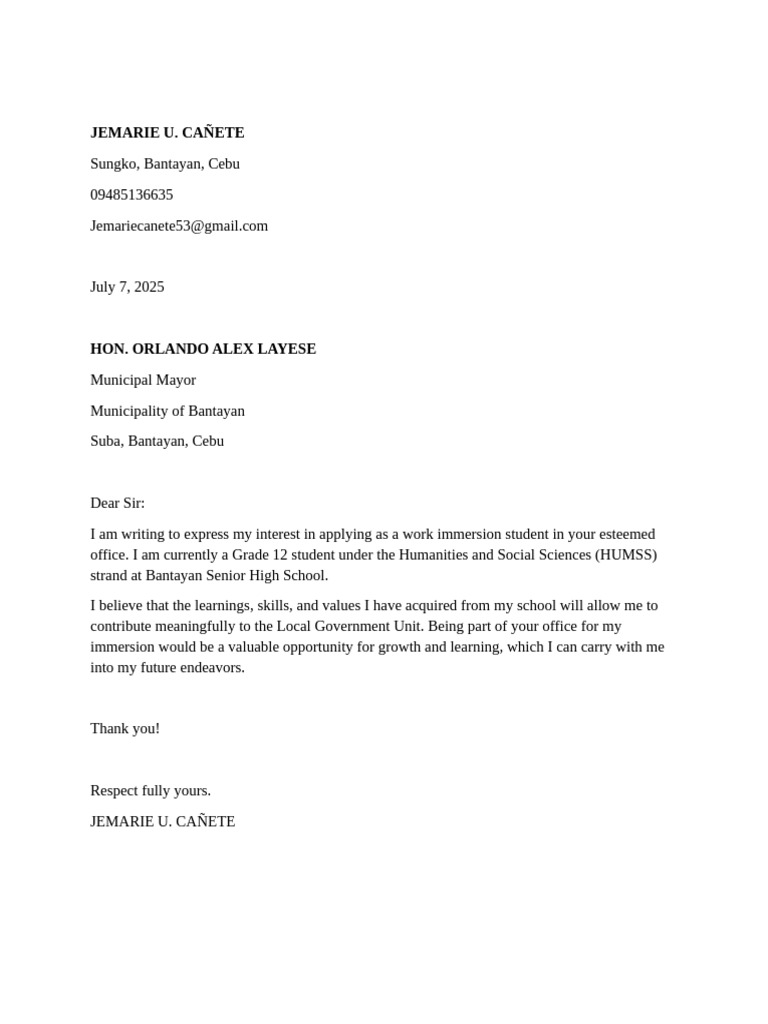 Application for Work Immersion Student | PDF