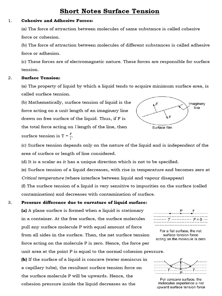Short Notes On Surface Tension | PDF | Surface Tension | Drop (Liquid)