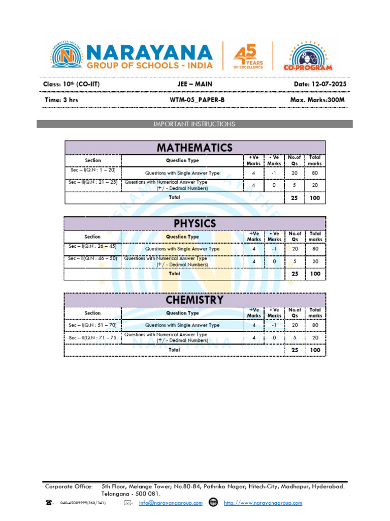 10th Sco Paper-B Jee-Main Wtm-05 QP DT 12-07-2025 | PDF | Surface ...