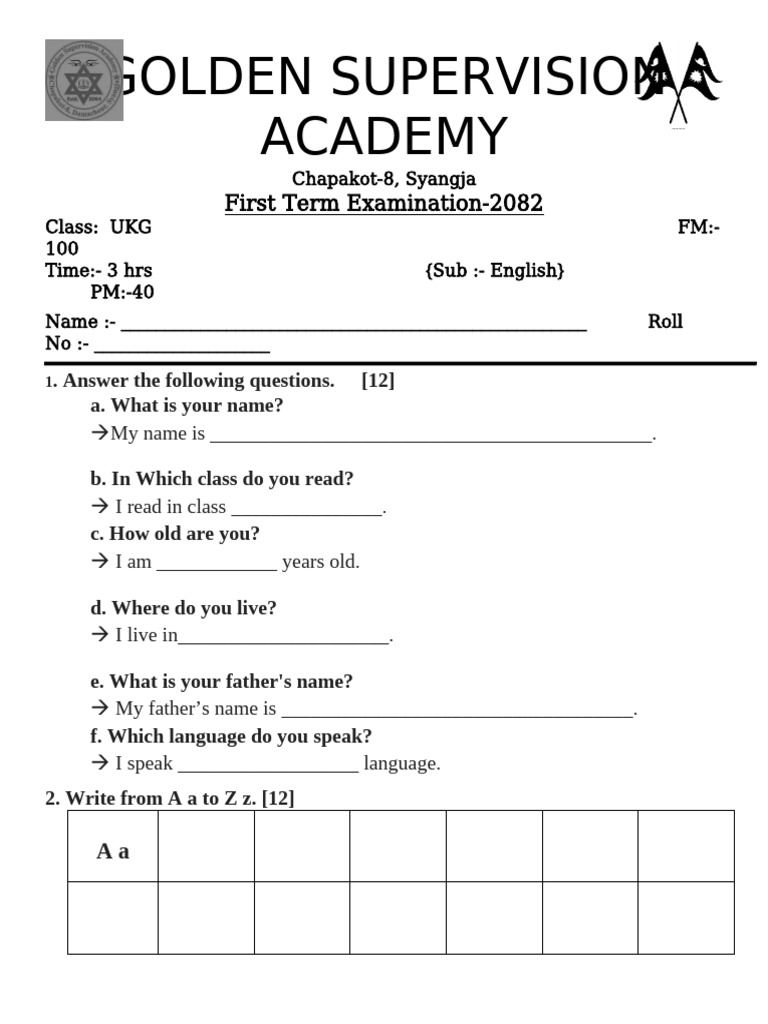 UKG English Term 1 Question Paper | PDF | Chess Theory | Chess
