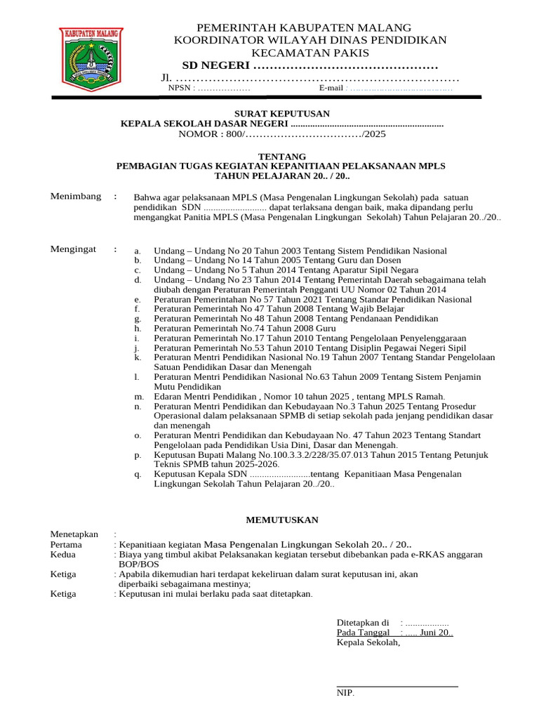 SK Panitia MPLS SD 2025/2026 | PDF