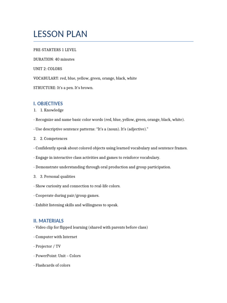 Lesson Plan Colors 1stgraders Complete | PDF | Vocabulary | Flashcard